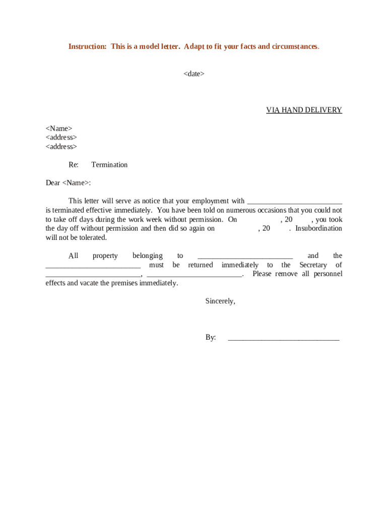 Termination Letter for Absconding Doc Template | pdfFiller