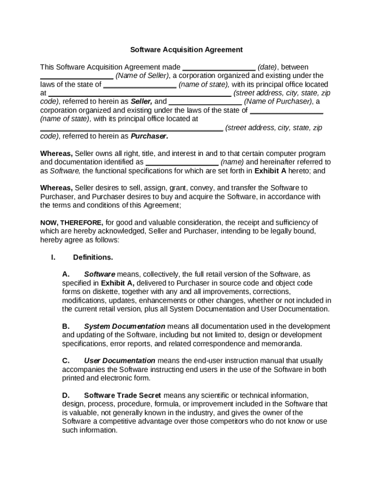 Software Acquisition Agreement Doc Template | pdfFiller