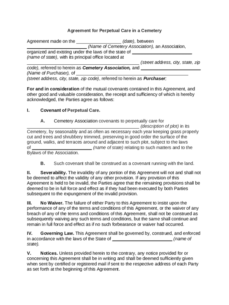 Agreement for Perpetual Care in a Cemetery Doc Template | pdfFiller