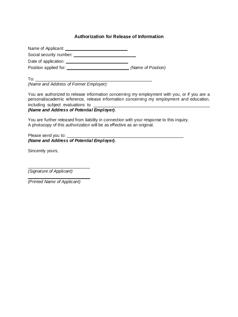 Authorization for Release of Ination Doc Template | pdfFiller