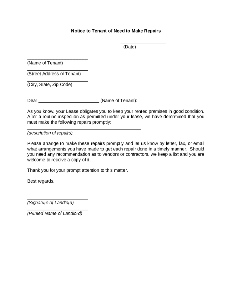 Notice to Tenant of Need to Make Repairs Doc Template | pdfFiller