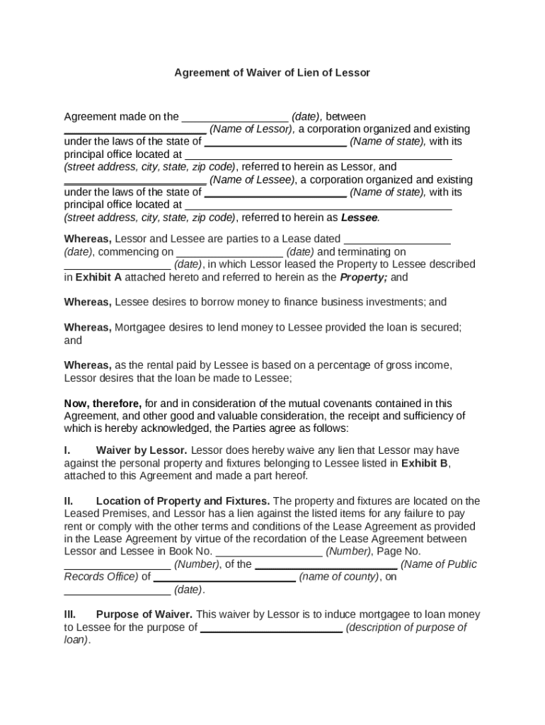 Agreement of Waiver of Lien of Lessor Doc Template | pdfFiller