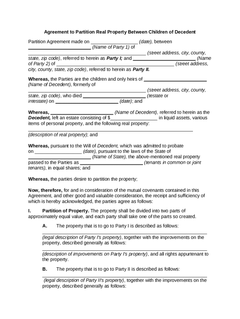 Agreement to Partition Real Property Between Children of Decedent Doc Template | pdfFiller