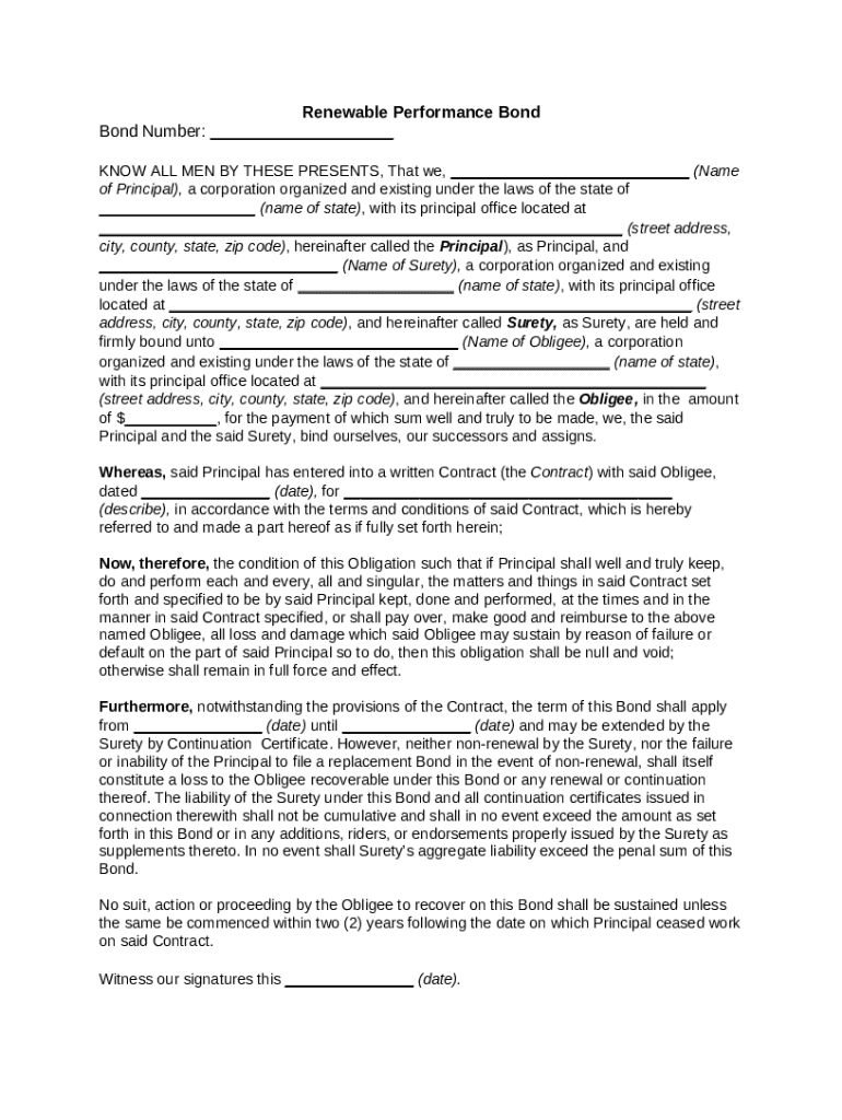 Renewable Perance Bond Doc Template | pdfFiller