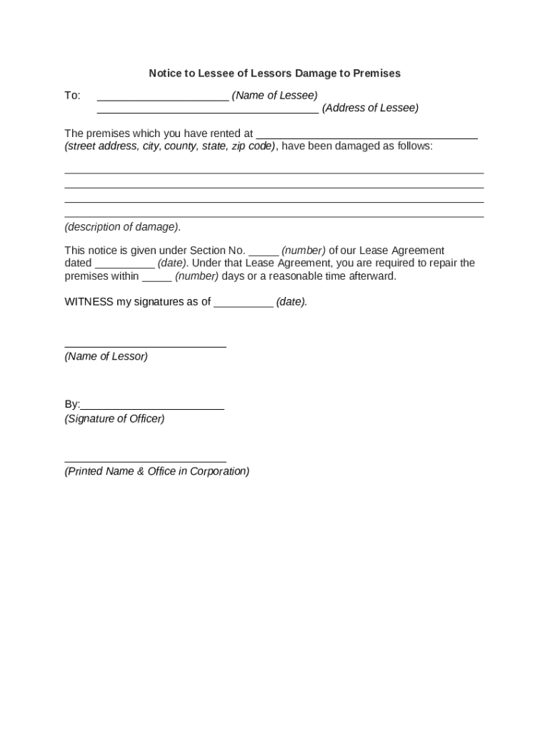 Notice to Lessee of Lessors Damage to Premises - Blank Fillable ...