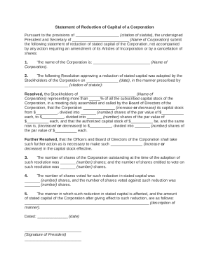 Statement of Reduction of Capital of a Corporation Doc Template | pdfFiller