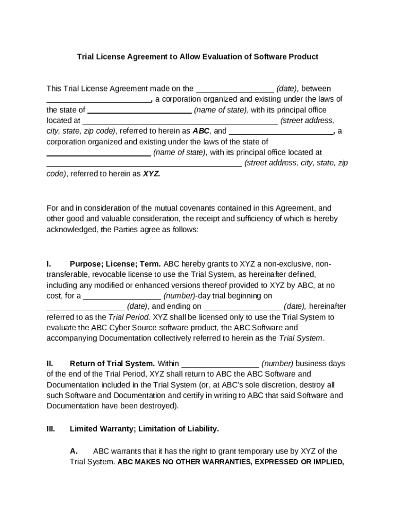 Trial License Agreement - Blank Fillable Template | Fill Out, Print ...