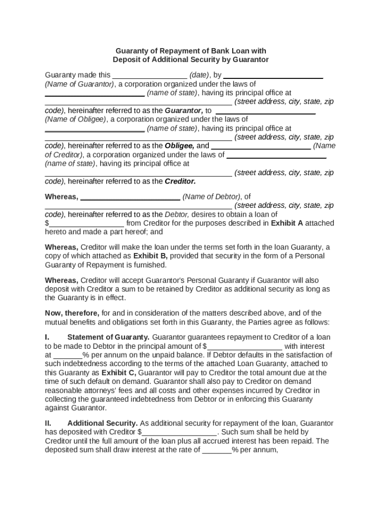 Guaranty of Repayment of Bank Loan with Deposit of Additional Security by Guarantor Doc Template ...