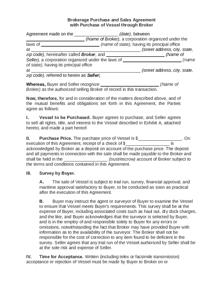 Brokerage Purchase and Sales Agreement with Purchase of Vessel through Broker Doc Template ...