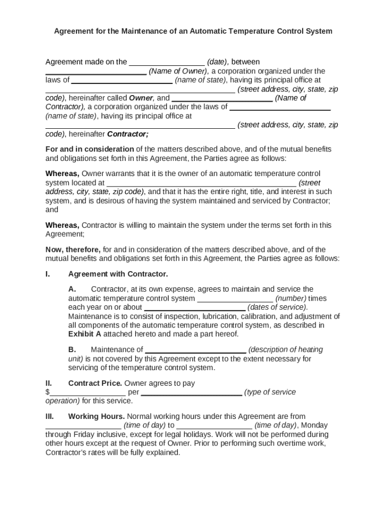 Automatic Temperature Control System Maintenance Agreement - Blank ...