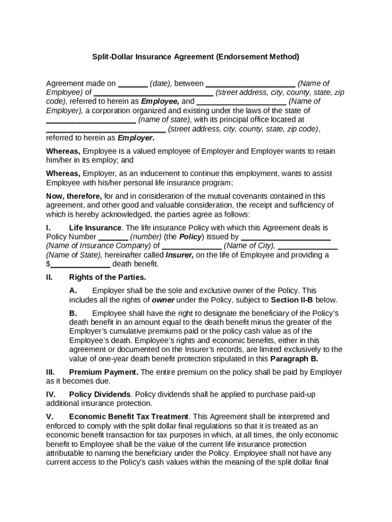 Split-Dollar Insurance Agreement (Endorsement Method) Doc Template | pdfFiller