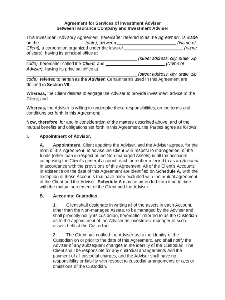 Agreement for Services of Investment Adviser between Insurance Company and Investment Adviser ...