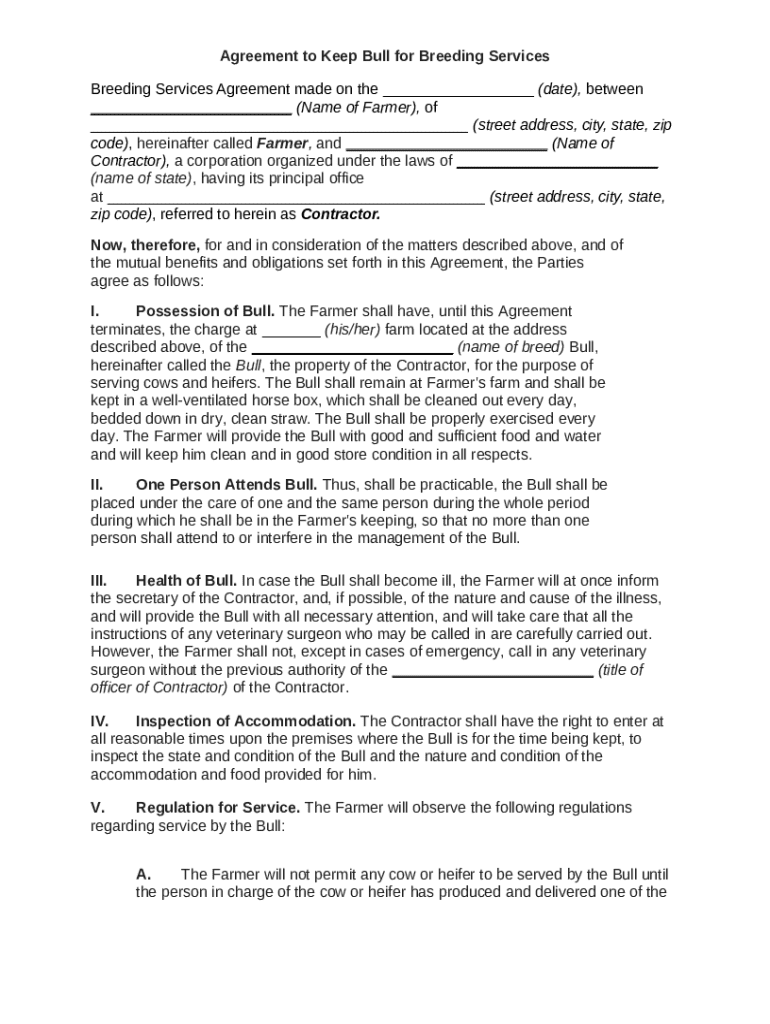 Agreement to Keep Bull for Breeding Services Doc Template | pdfFiller