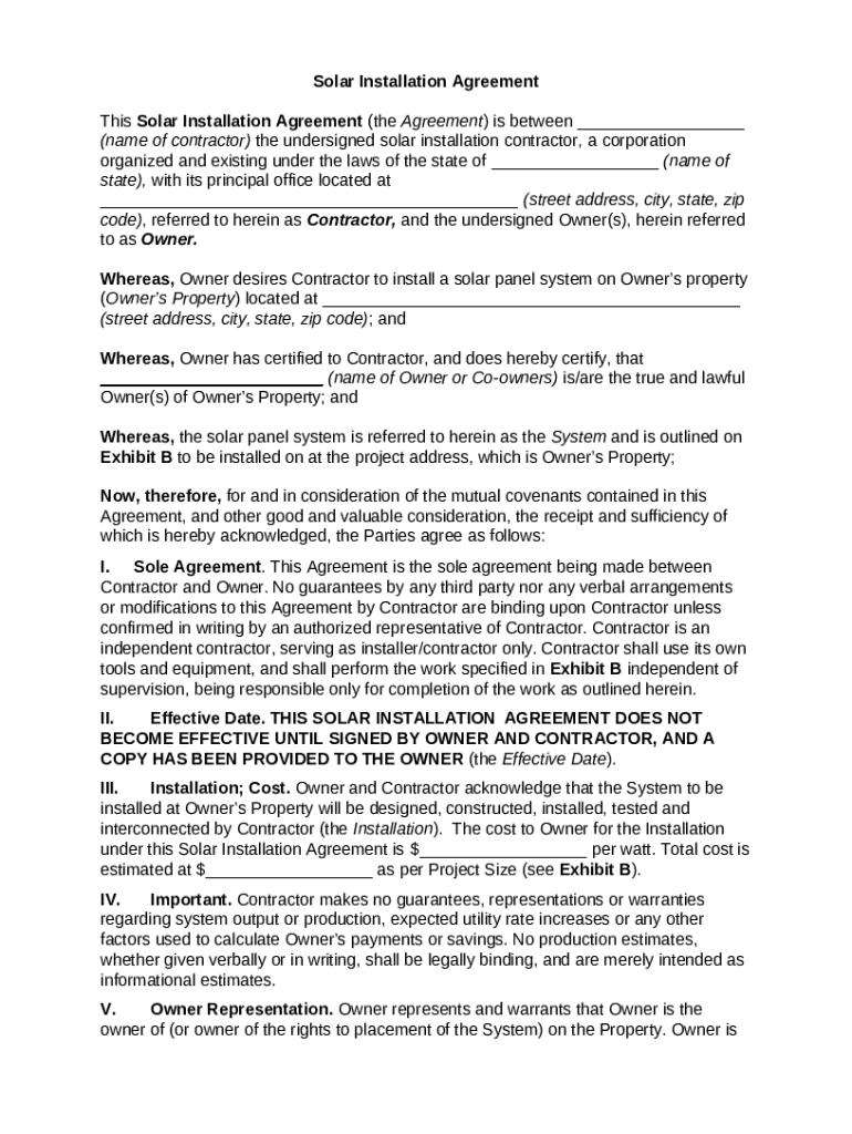 Solar Installation Agreement Doc Template | pdfFiller