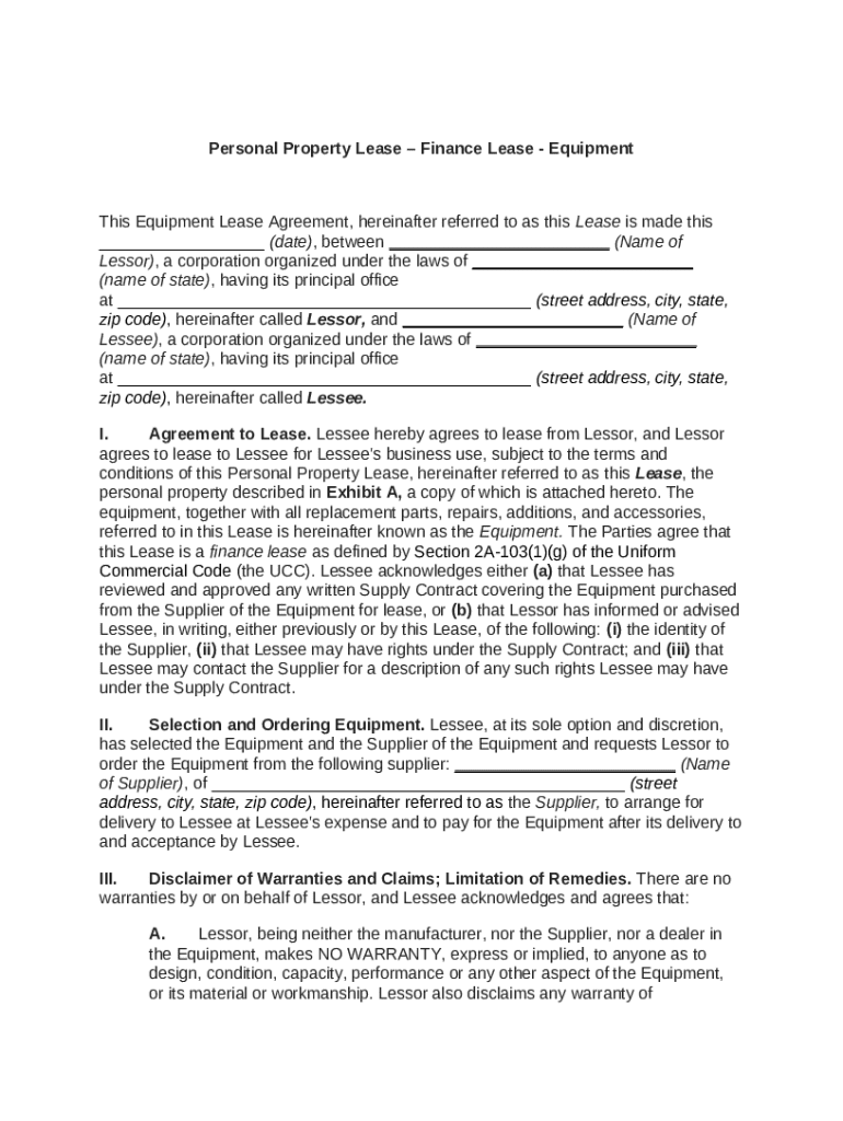 Personal Property Lease - Finance Lease - Equipment Doc Template ...