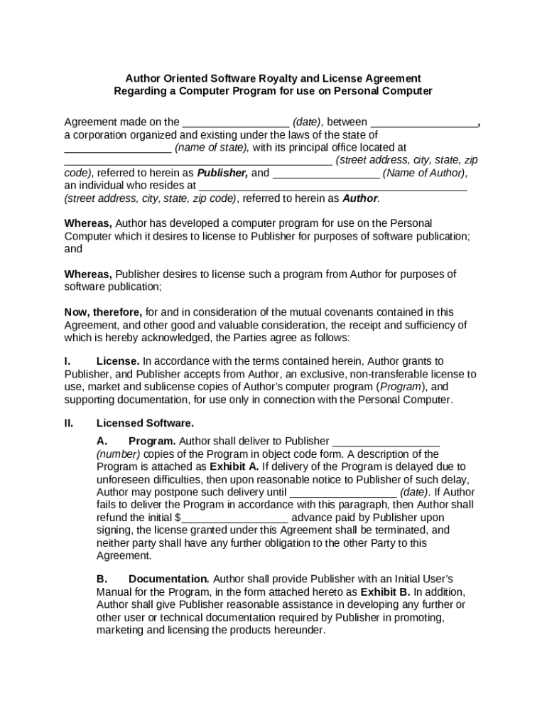 Software Royalty and License Agreement - Blank Fillable Template | Fill ...
