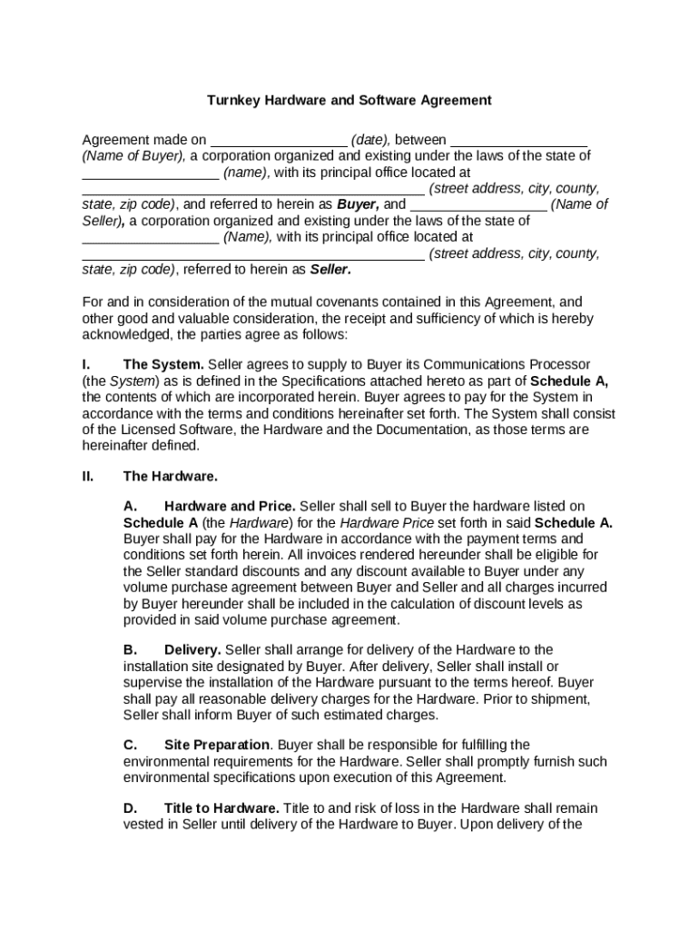 Turnkey Hardware and Software Agreement Doc Template | pdfFiller