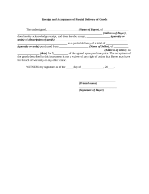 Receipt and Acceptance of Partial Delivery of Goods Doc Template | pdfFiller