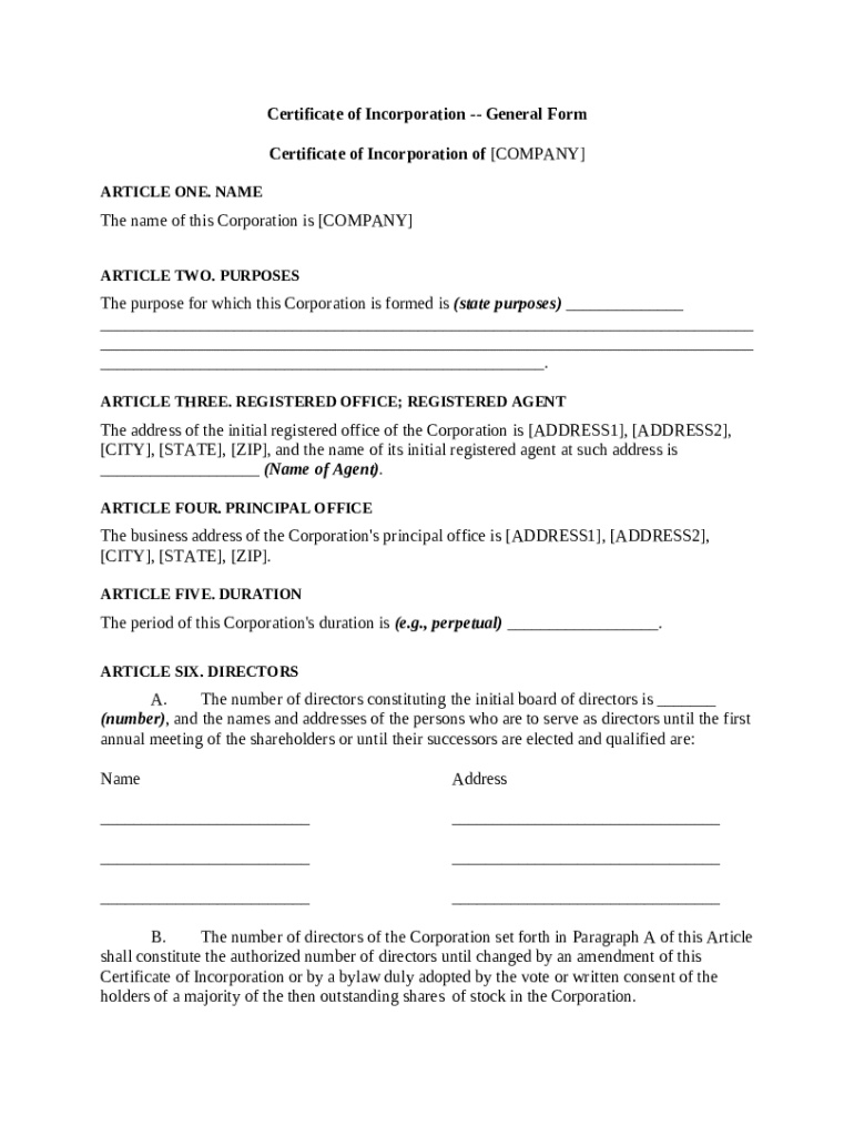 Certificate of Incorporation -- General Doc Template | pdfFiller