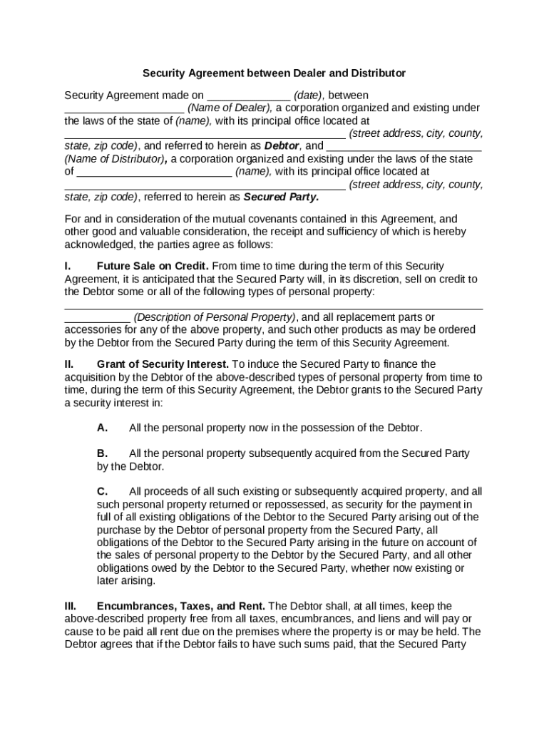 Security Agreement between Dealer and Distributor Doc Template | pdfFiller