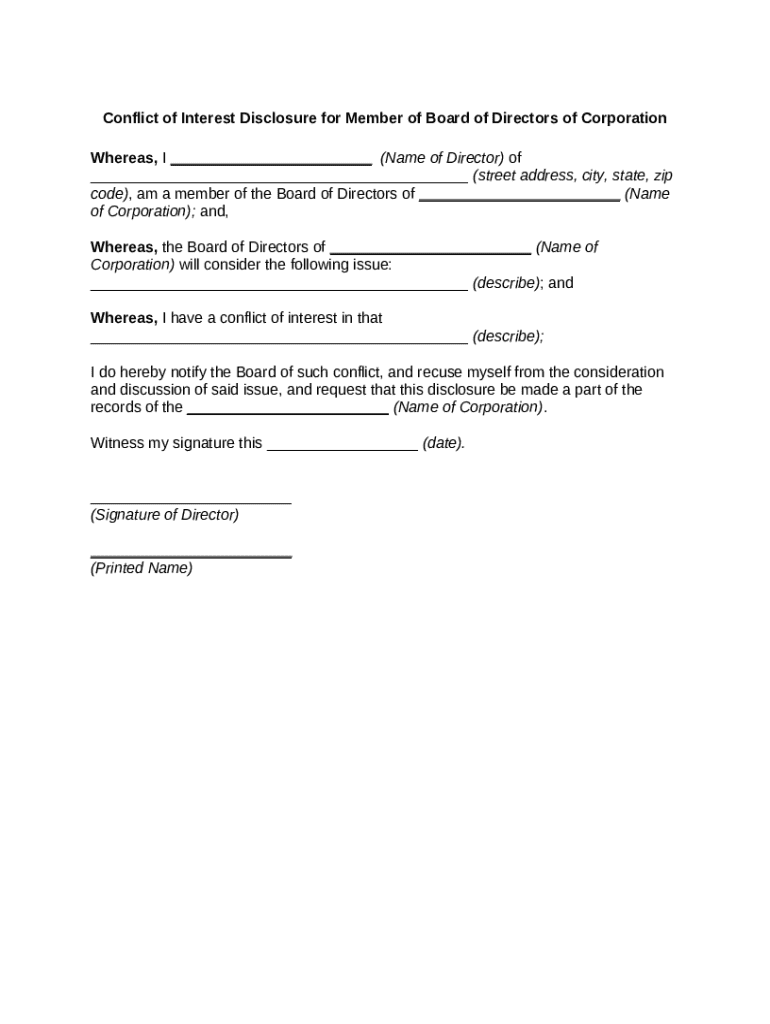 Conflict of Interest Disclosure for Board of Directors - Blank Fillable ...