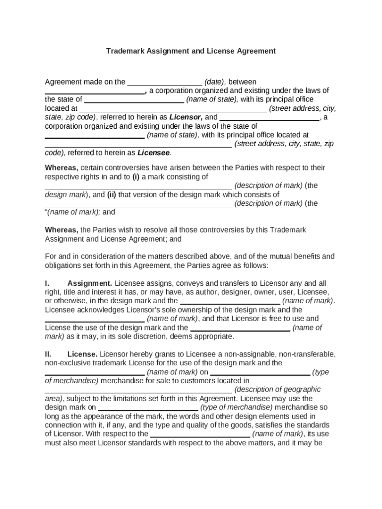 Trademark Assignment and License Agreement Doc Template | pdfFiller