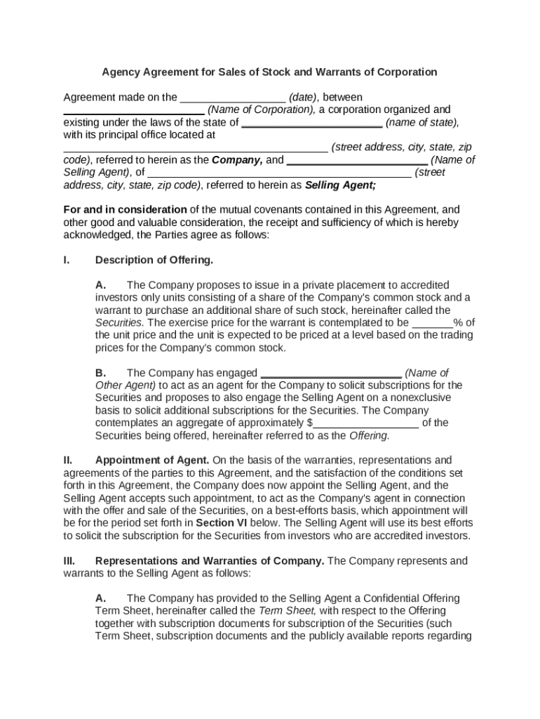 Agency Agreement for Sales of Stock and Warrants of Corporation Doc ...