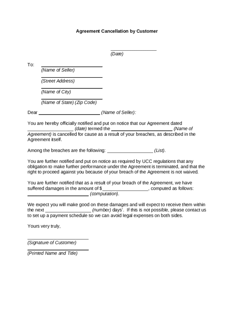 Agreement Cancellation by Customer Doc Template | pdfFiller