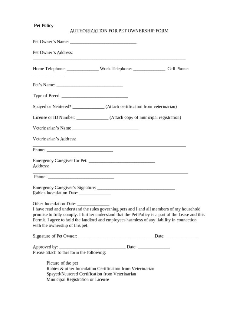 Authorization for Pet Ownership Doc Template | pdfFiller