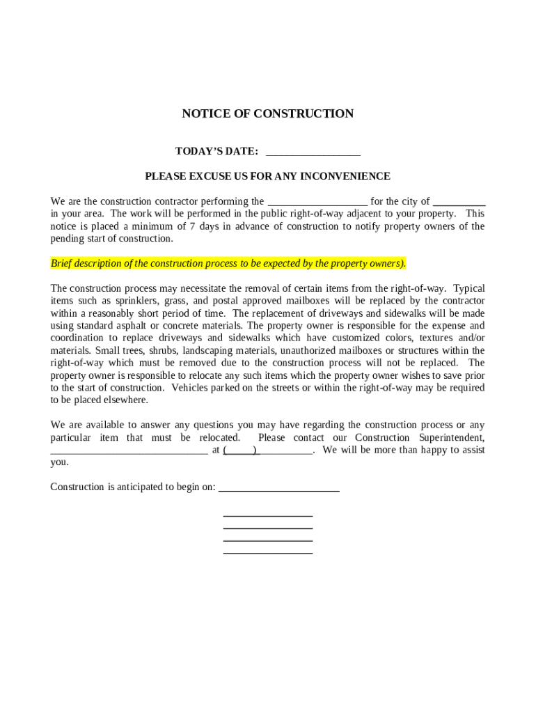 Notice of Construction Doc Template | pdfFiller