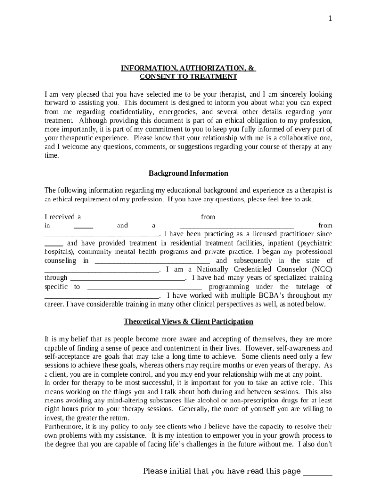 Ination, Authorization, & Consent to Treatment Doc Template | pdfFiller