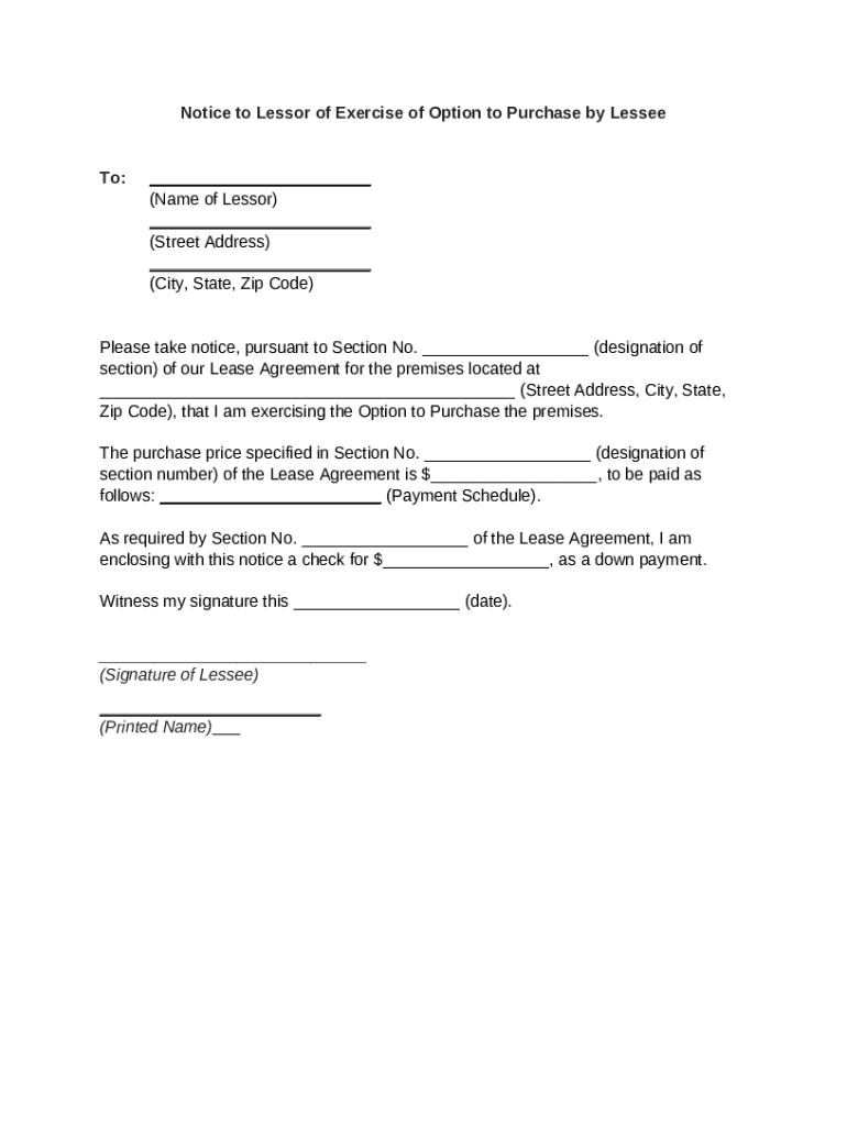 Notice to Lessor of Exercise of Option to Purchase by Lessee Doc Template | pdfFiller
