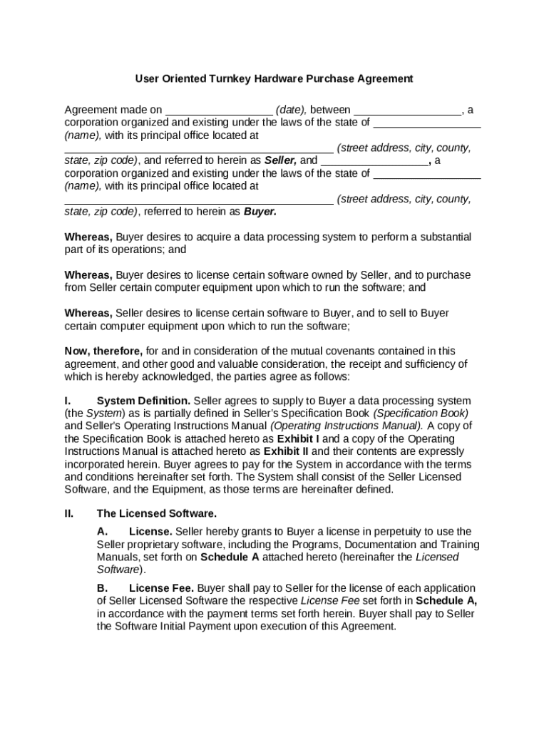 User Oriented Turnkey Hardware Purchase Agreement Doc Template | pdfFiller