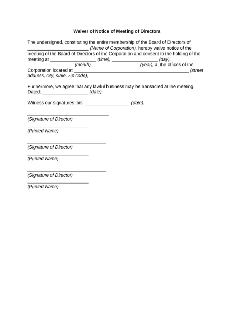Waiver of Notice of Meeting of Directors Doc Template | pdfFiller