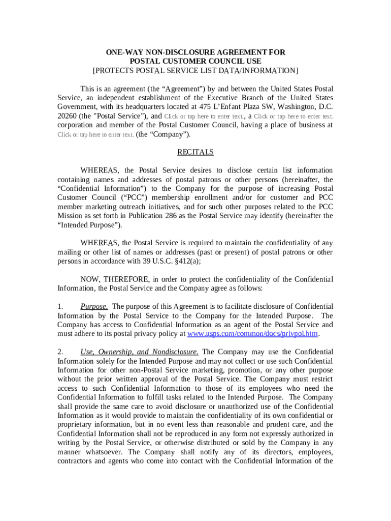 Postal Customer Counsel One-Way Non-Disclosure Agreement Doc Template | pdfFiller