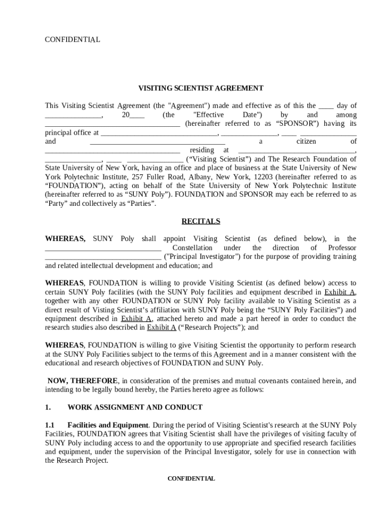 Visiting Scientist Agreement for Visitation to College Research Foundation Doc Template | pdfFiller