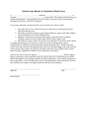 Consent and Waiver to Transport Minor Child Doc Template | pdfFiller