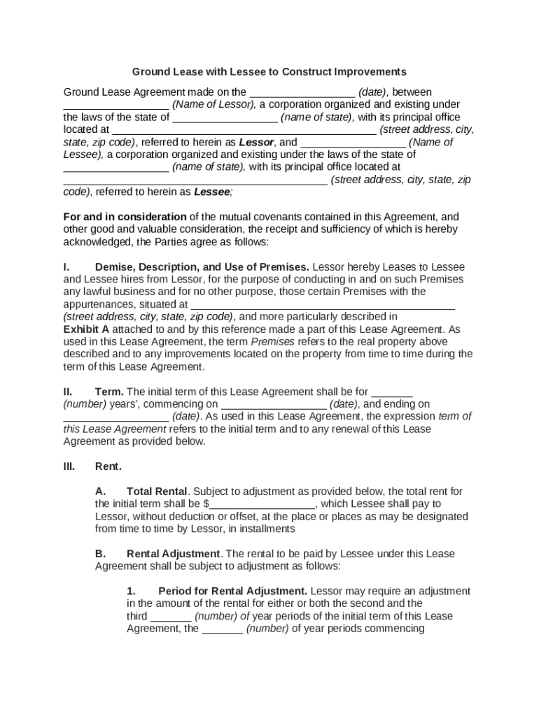 Ground Lease with Lessee to Construct Improvements Doc Template | pdfFiller