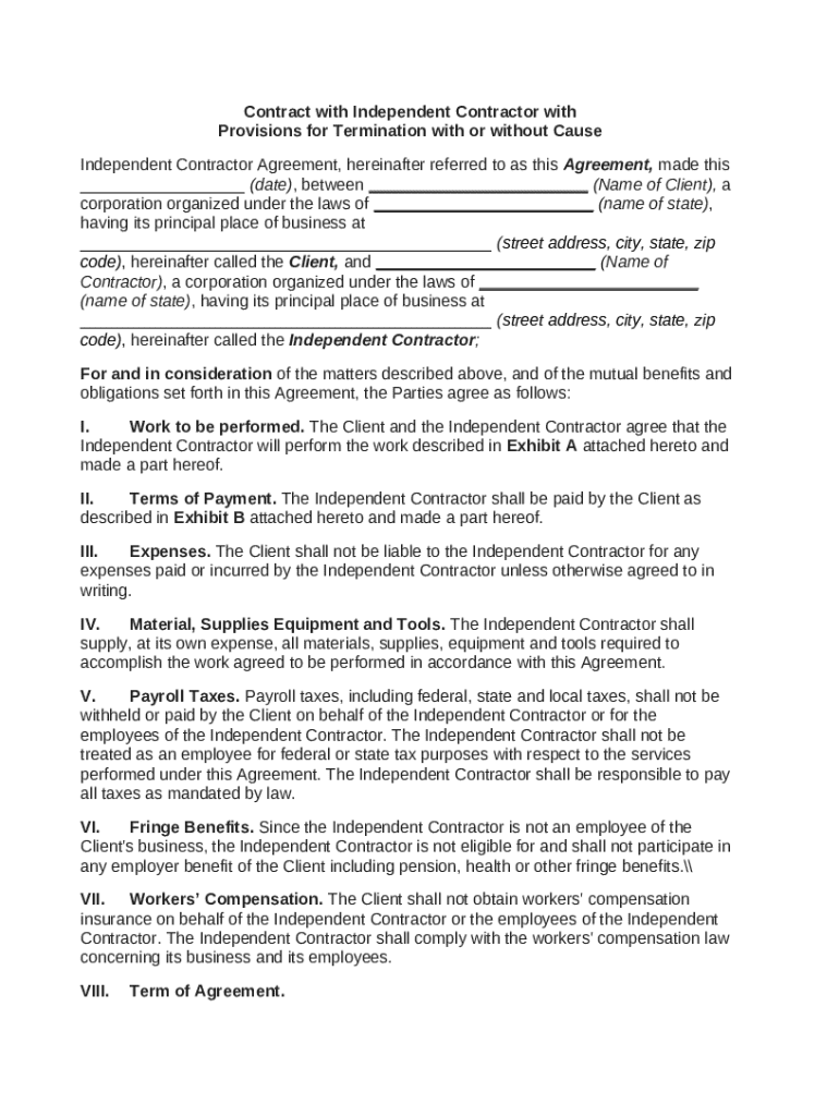 Contract with Independent Contractor with Provisions for Termination With or Without Cause Doc ...