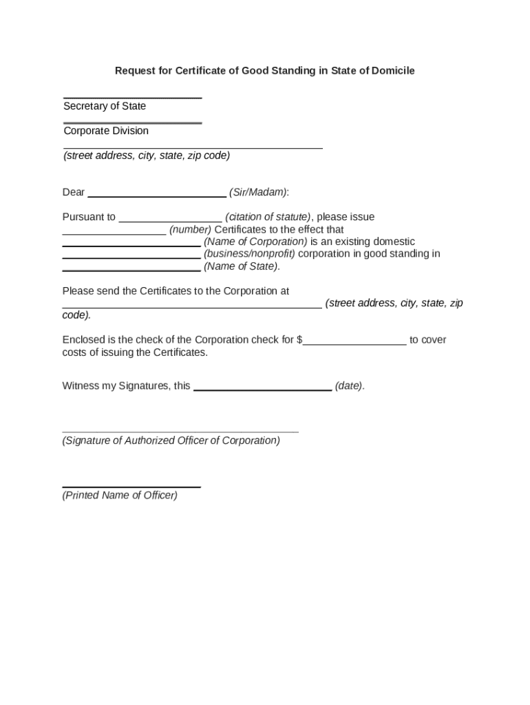 Request for Certificate of Good Standing in State of Domicile Doc ...