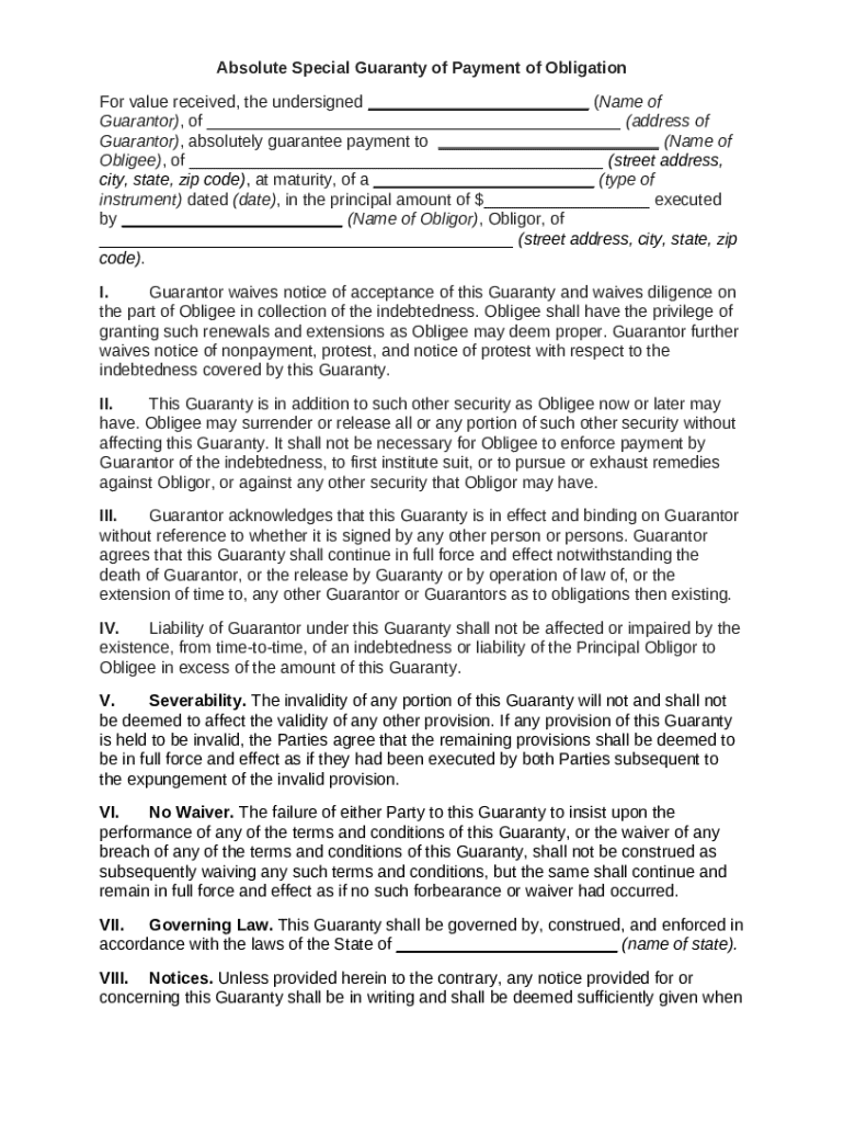 Absolute Special Guaranty of Payment of Obligation Doc Template | pdfFiller