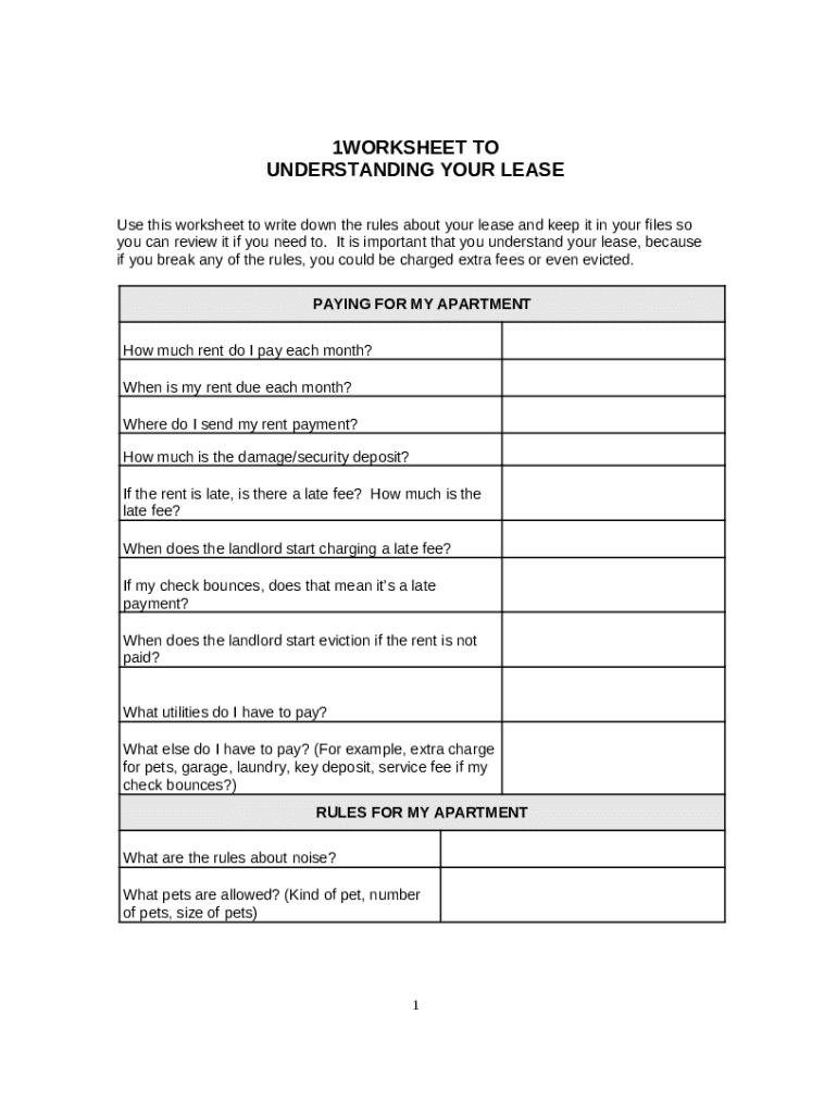 Understanding Your Lease Worksheet Doc Template | pdfFiller