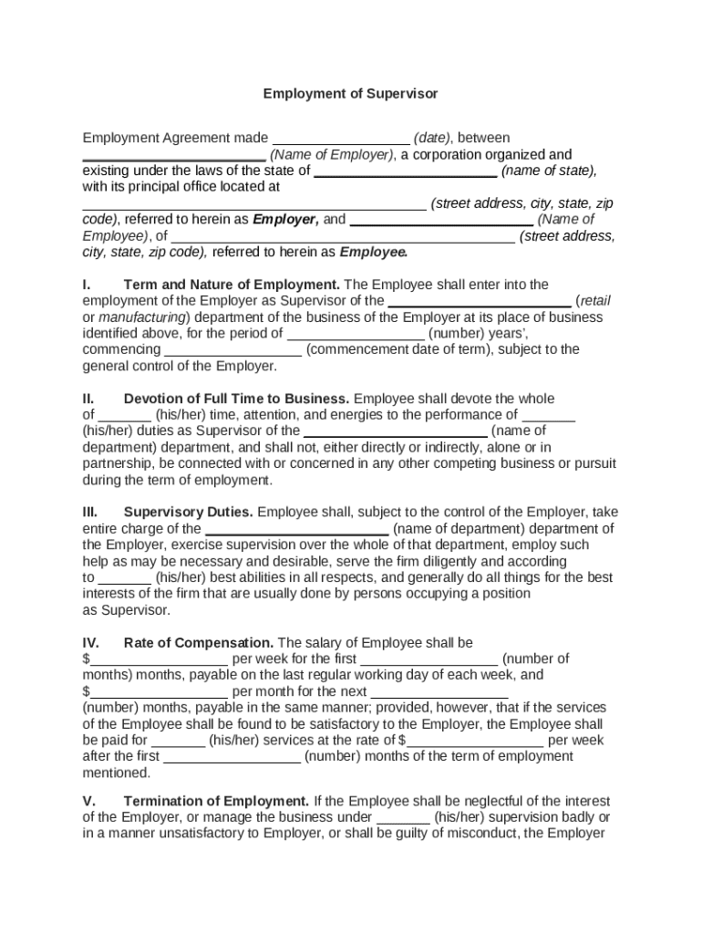 Employment of Supervisor Doc Template | pdfFiller