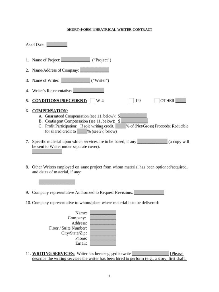 Short Theatrical Writer Contract Doc Template | pdfFiller