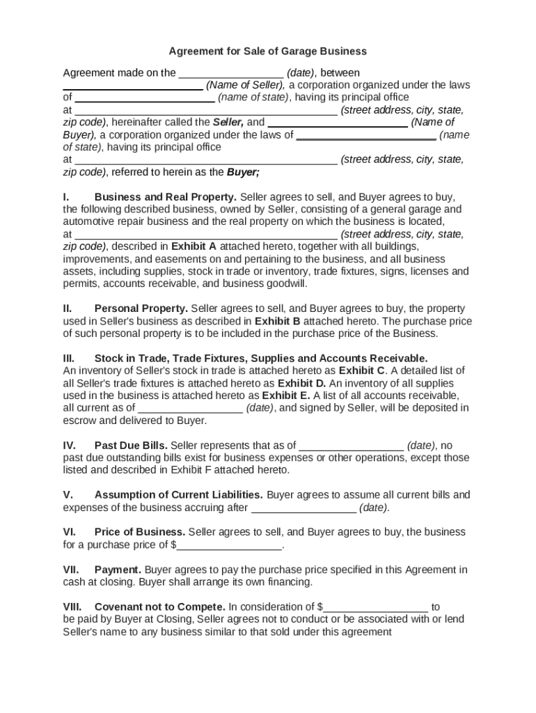 Agreement for Sale of Garage Business Doc Template | pdfFiller
