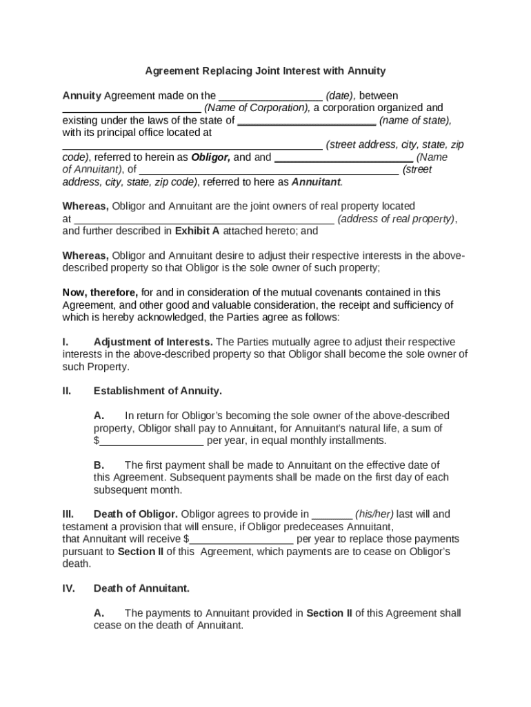 Agreement Replacing Joint Interest with Annuity Doc Template | pdfFiller