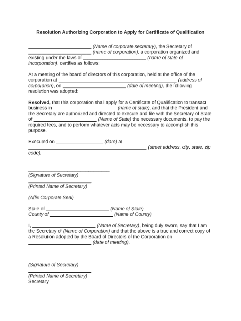 Resolution Authorizing Corporation to Apply for Certificate of Qualification Doc Template ...