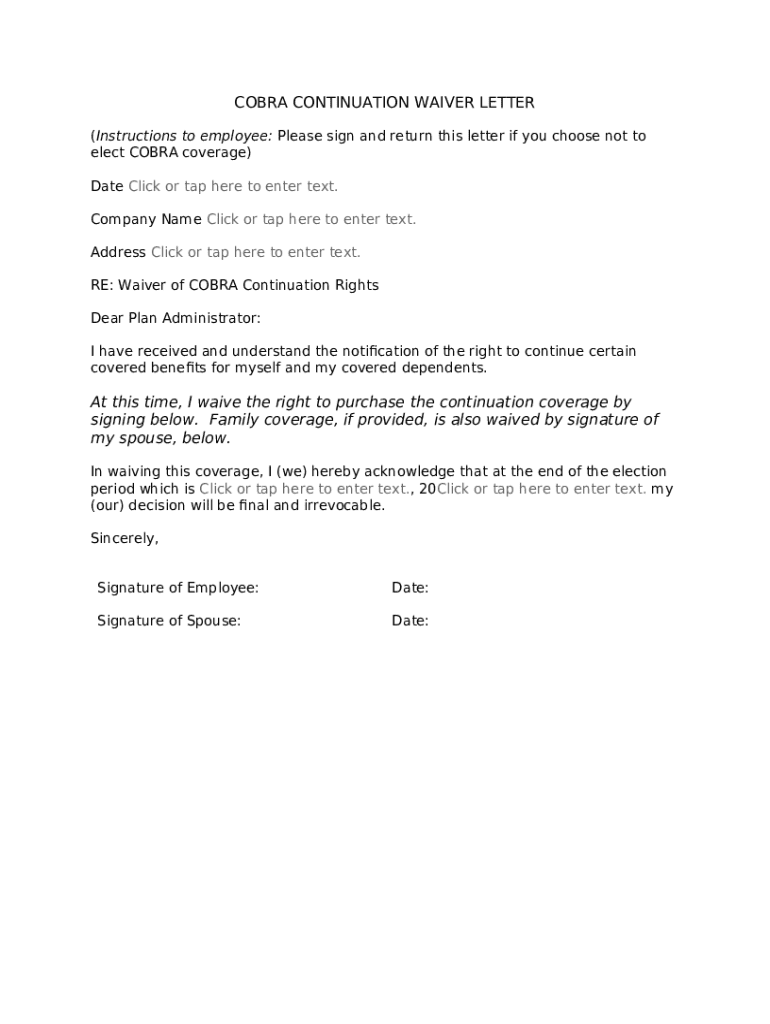 Cobra Continuation Waiver Letter Doc Template | pdfFiller