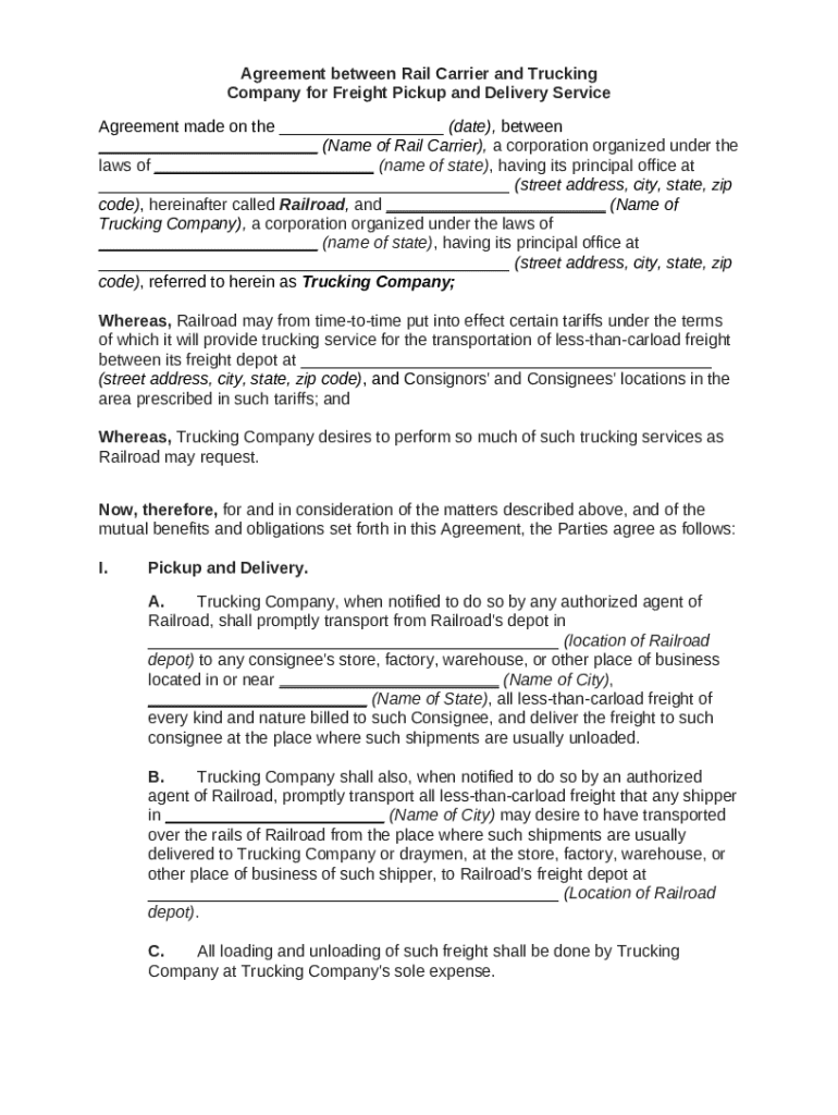 Freight Pickup and Delivery Agreement Doc Template | pdfFiller