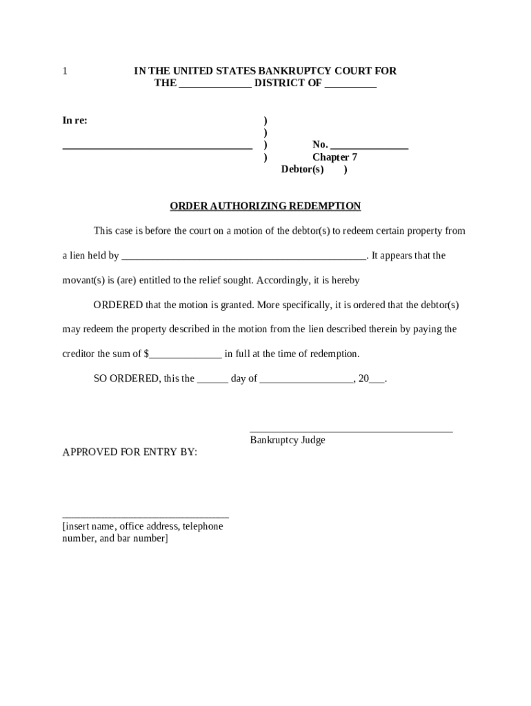 ORDER AUTHORIZING REDEMPTION Doc Template | pdfFiller